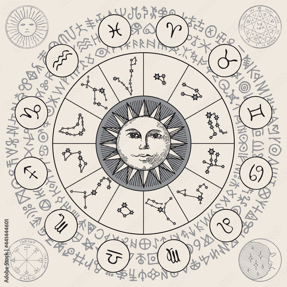 Vettoriale stock di Hand-drawn circle of Zodiac signs with icons ...