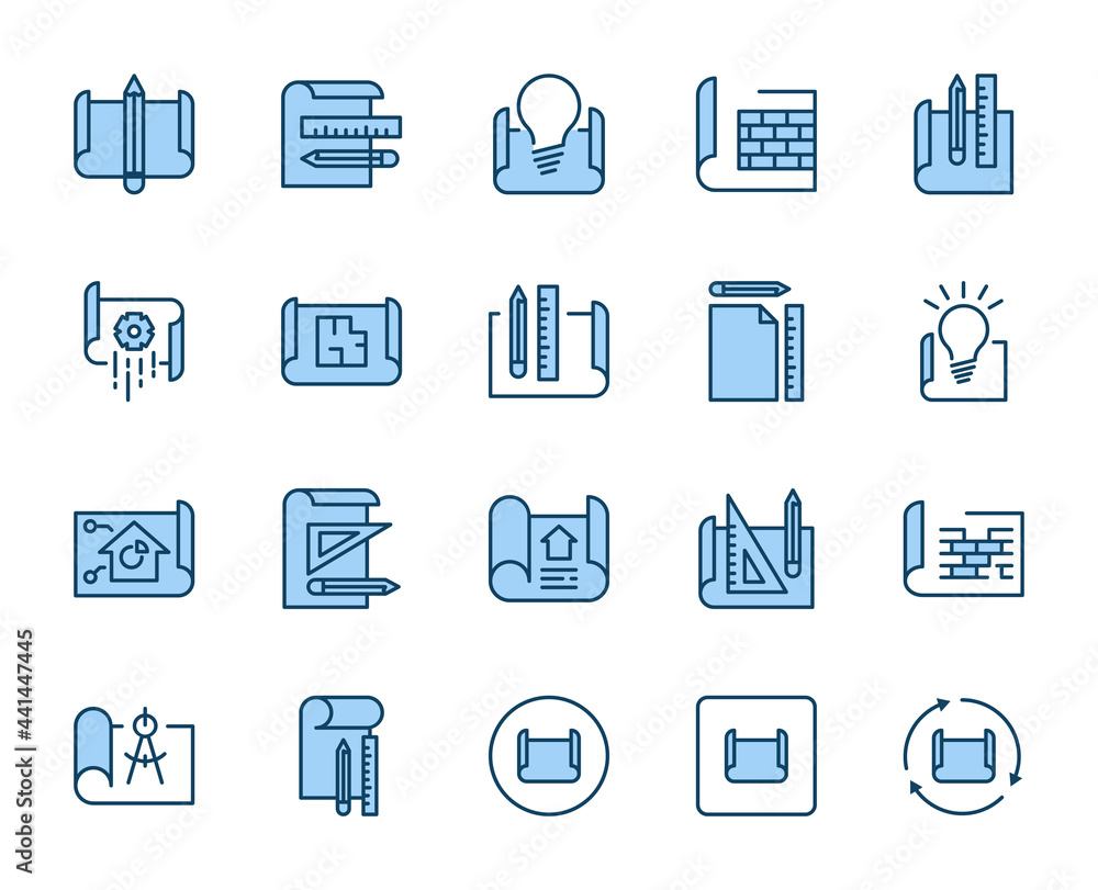 Blue print set line icons in flat design with elements for web site ...