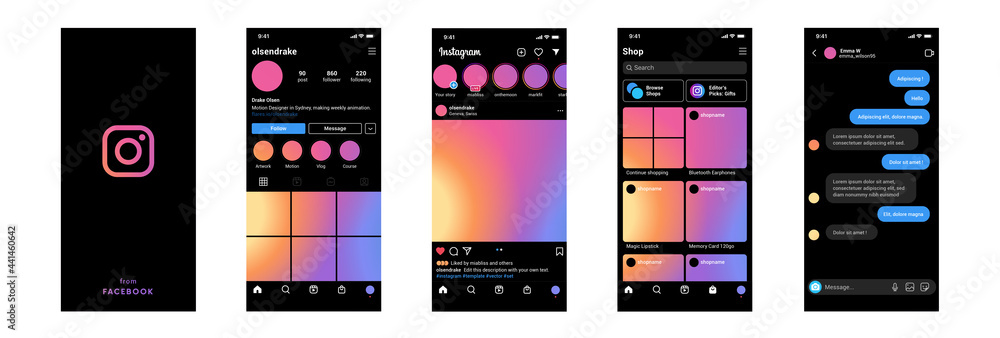 Instagram app screens template on dark mode frame. Realistic Instagram ...