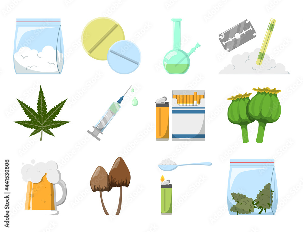 Set of drugs vector isolated. Concept of adiction and danger for health ...