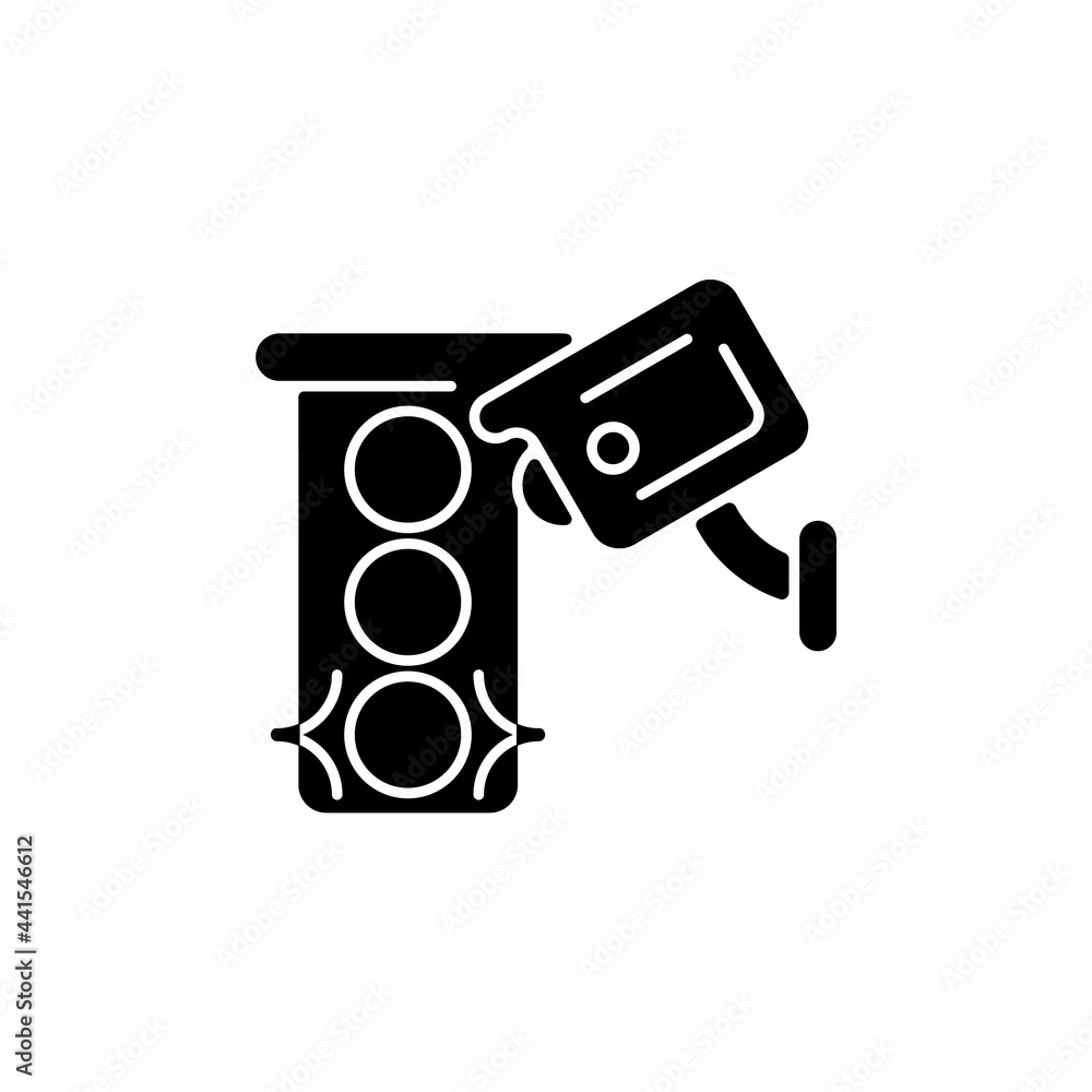 Traffic enforcement camera black glyph icon. Monitoring roads, highways ...