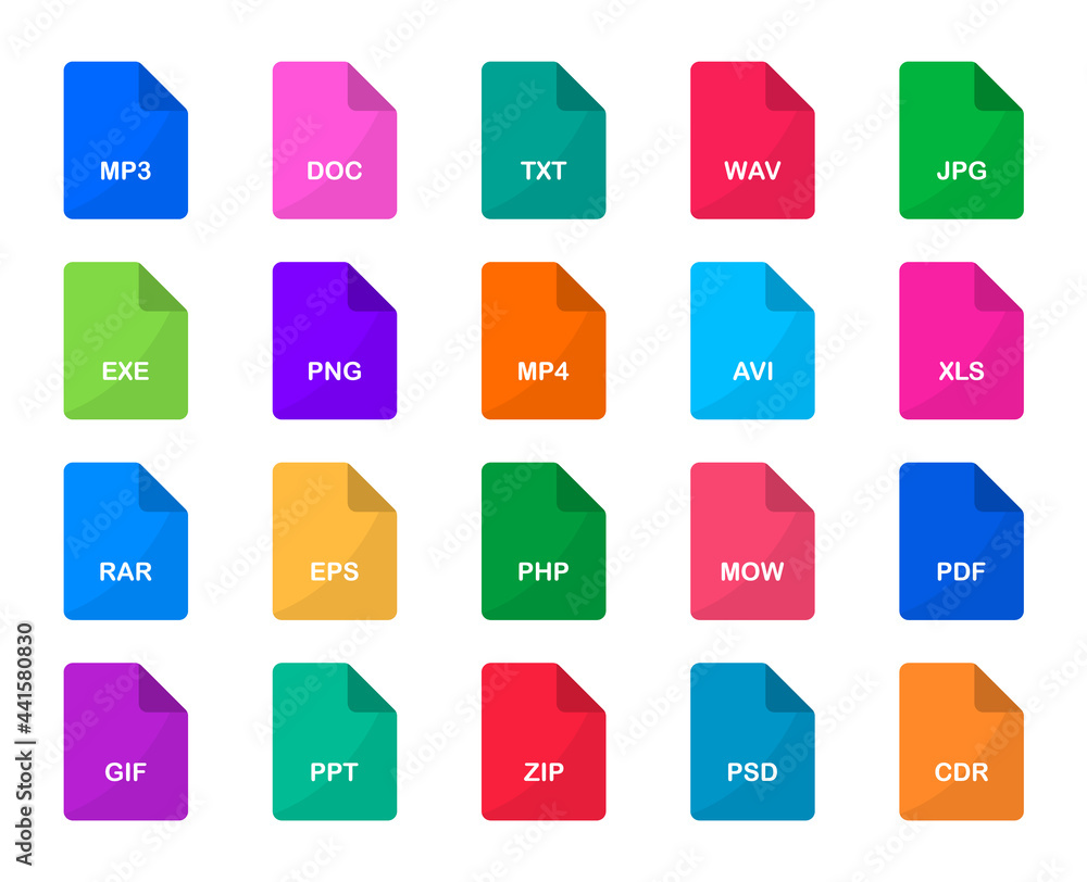 Set of file formats icons. File type icons. Format of documents and ...