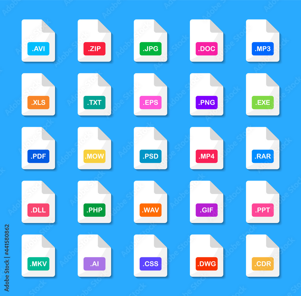 Set of file formats icons. File type icons. Format of documents and ...