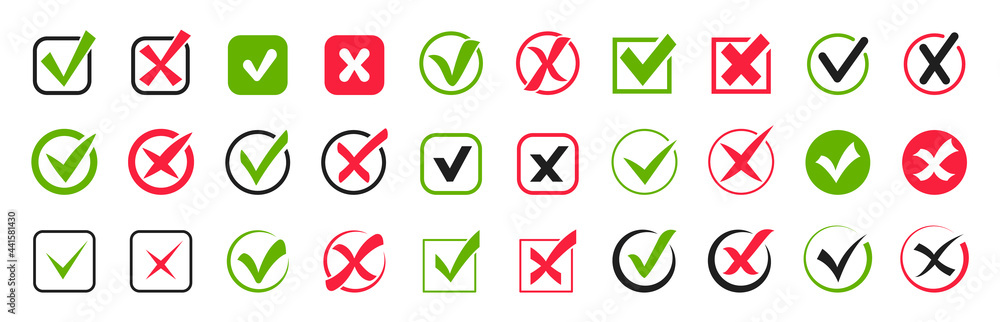 Check mark icon set. Green check marks and red crosses. Tick and cross icons. Accepted or ...