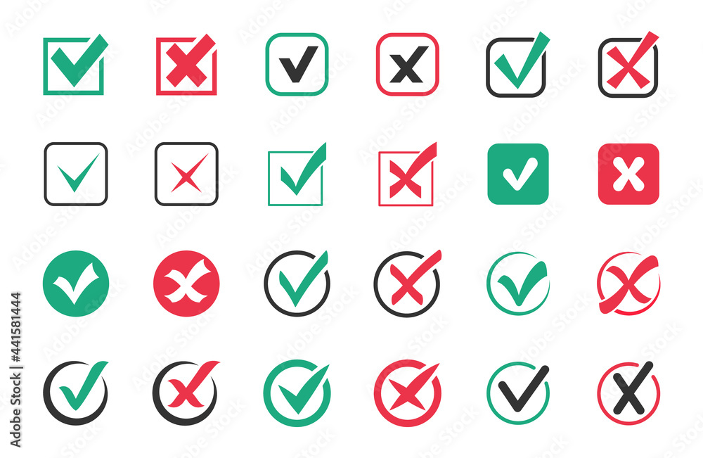 Check mark icon set. Green check marks and red crosses. Tick and cross icons. Accepted or ...