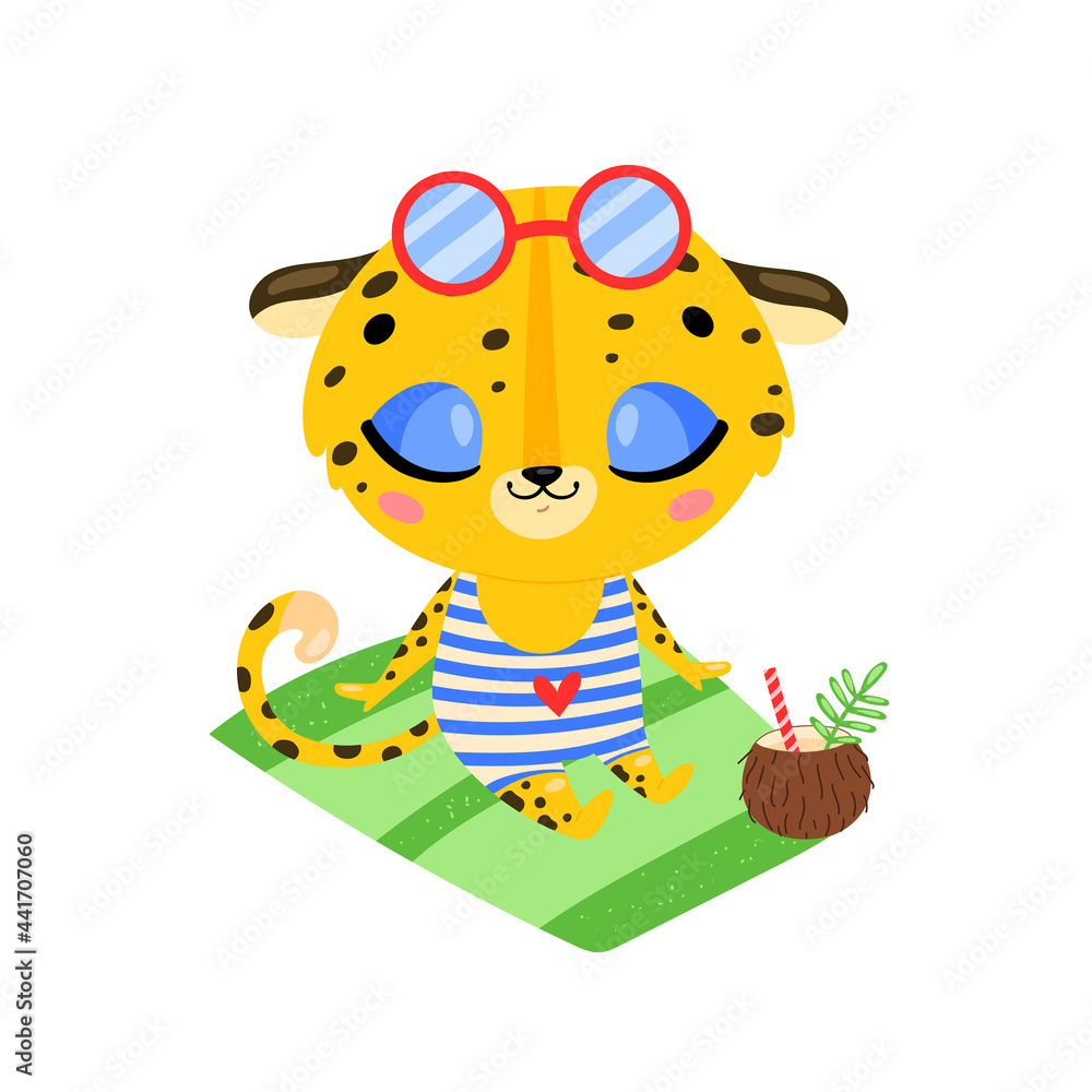 Flat doodle cute cartoon summer leopard sunbathing on the beach ...