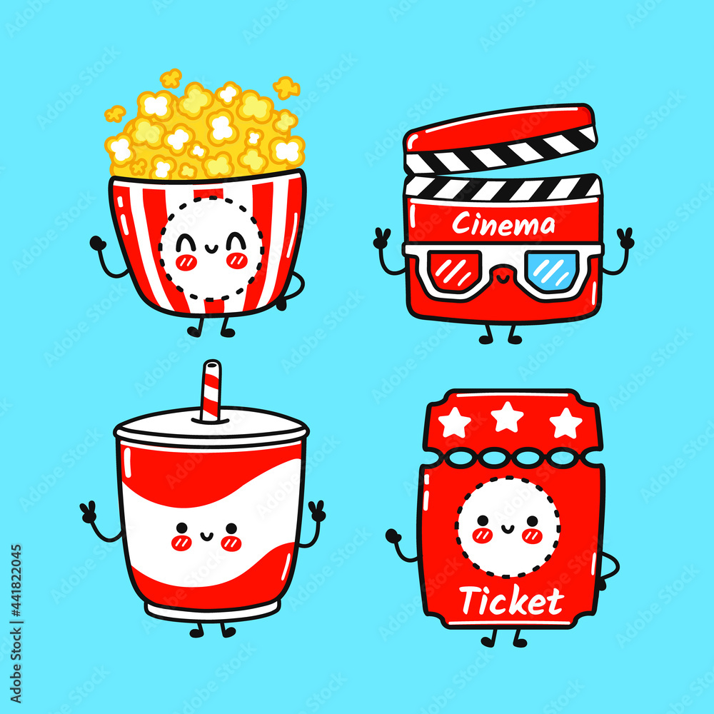 Funny cute happy popcorn, movie clapper, lemonade, ticket characters ...