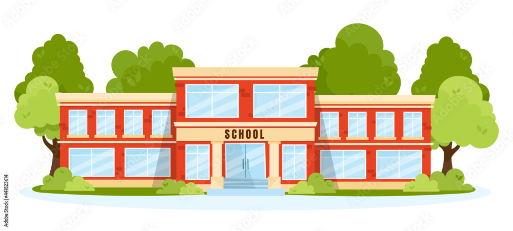 Front view of a classic school building with big windows and doors ...