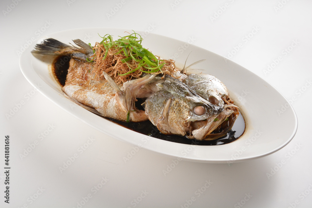 hong kong style steamed whole fresh grouper fish in soya salted sauce ...