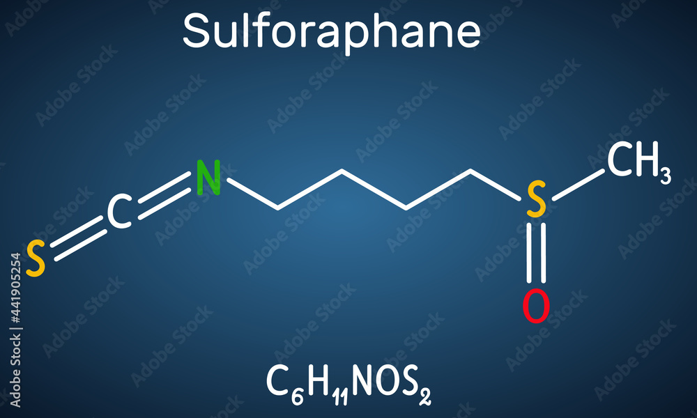 Sulforaphane, sulphoraphane molecule. It is isothiocyanate ...