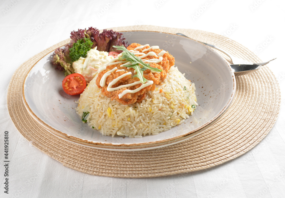 chef wok fried rice with crispy chicken chop cutlet and side salad ...