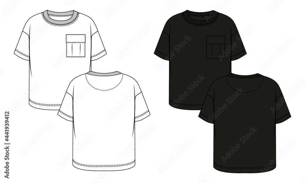 Basic Tee shirt with pocket For kids fashion flat Sketch vector ...