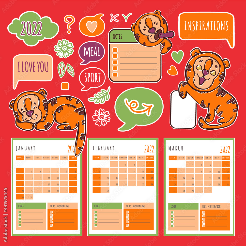 TIGER PLANNER WINTER 2022 Year Template Schedule And Collection With ...
