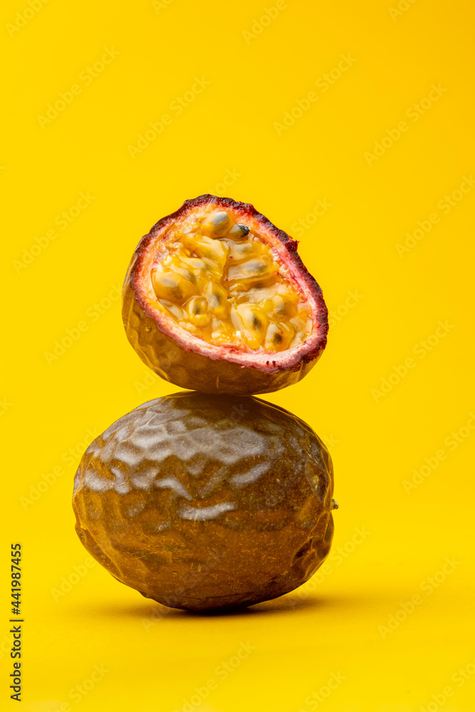 Pulp flesh showing in cut open Maracuja or Brazilian tropical passion ...