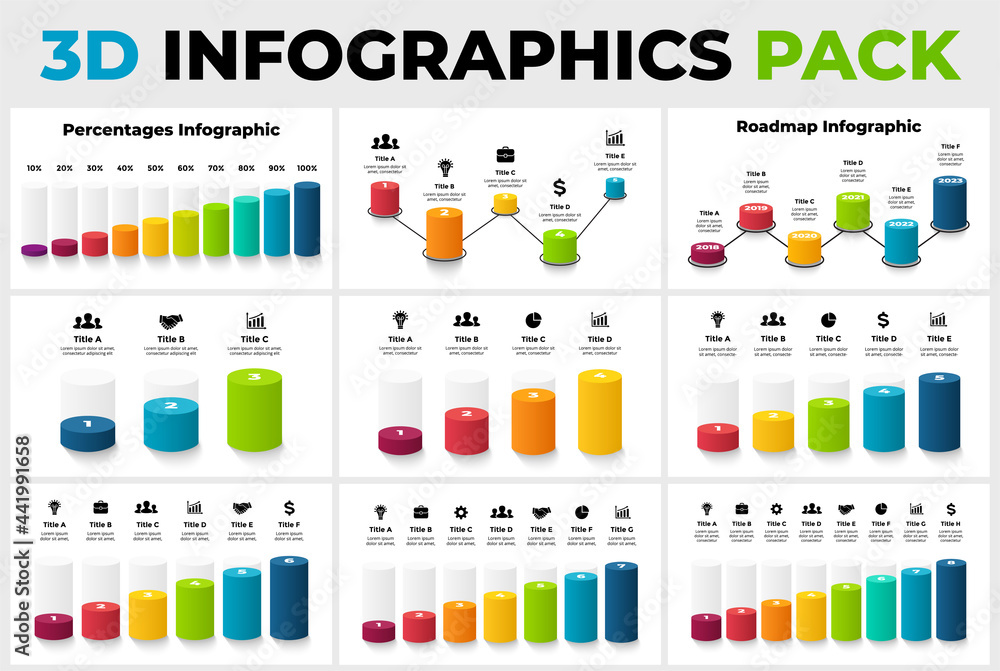 3D Vector Perspective Infographics Pack. 9 presentation slide templates ...