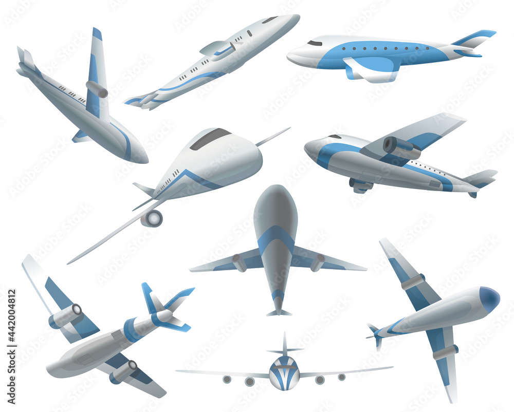 Set of airplanes in different positions for commercial aviation fleet ...