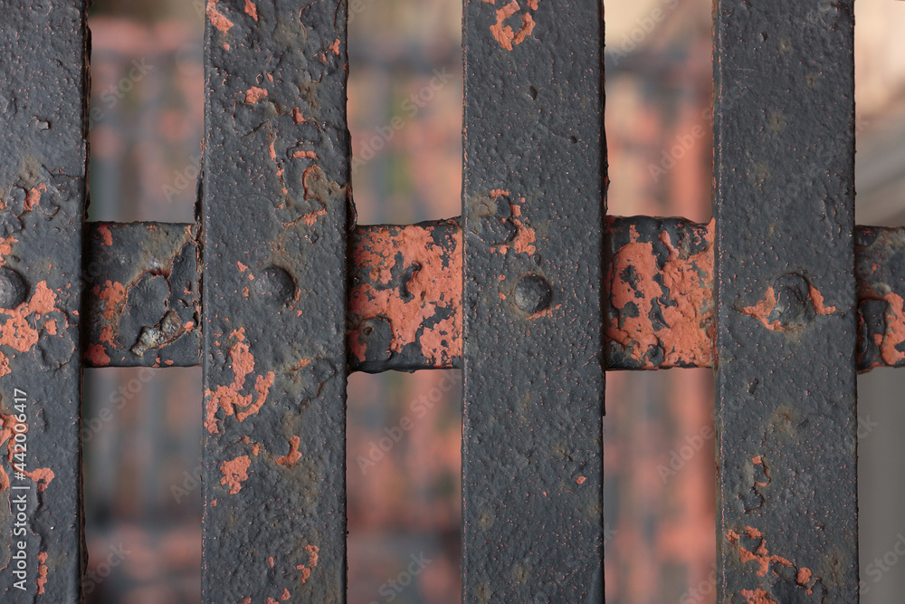 rusted, peeling paint on crosing metal bars with screws make a gritty ...