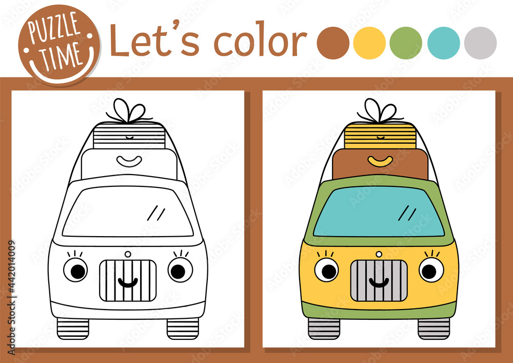 Camping coloring page for children. Funny kawaii van with suitcases ...