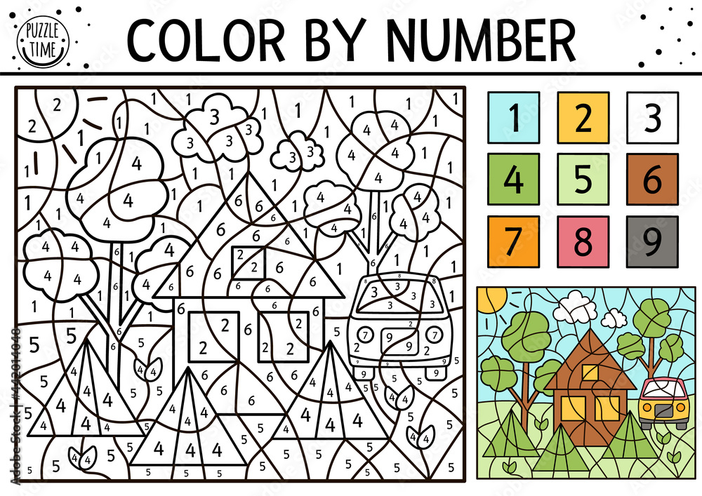 Vector camping color by number activity with trees, van, country house ...