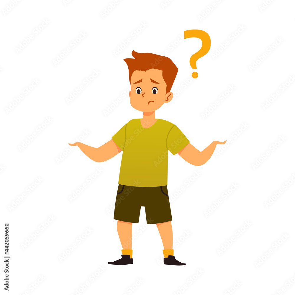 Child with confused face and question mark, flat vector illustration ...