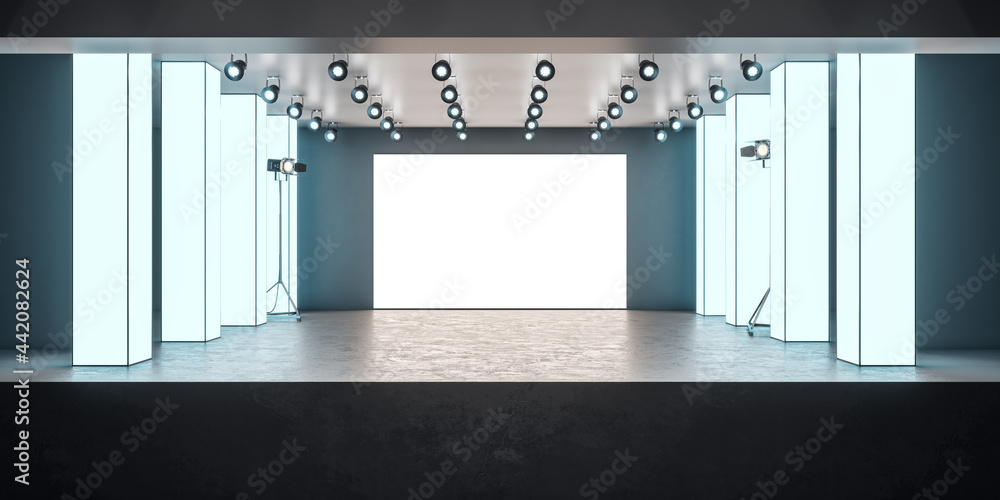 Modern glowing exhibition hall blank poster stage in concrete interior ...