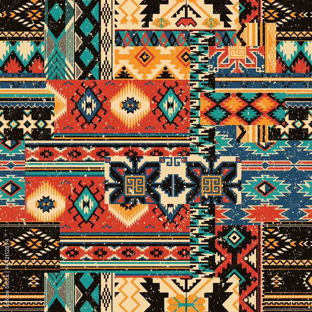 Native American traditional fabric patchwork grunge vector seamless ...