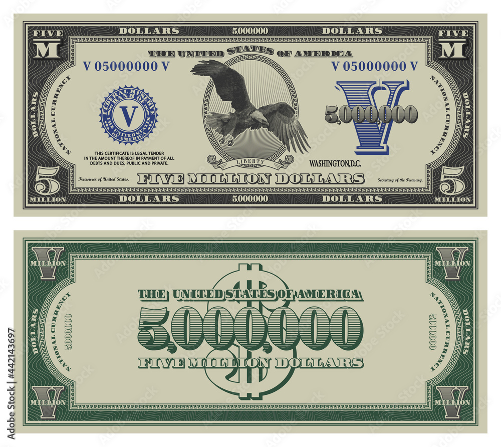 Obverse and reverse fictional US paper money with a flying eagle. Five ...