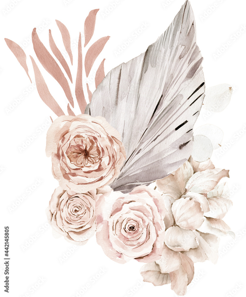 Watercolor boho dried flower clipart, Palm boho roses bouquets png ...