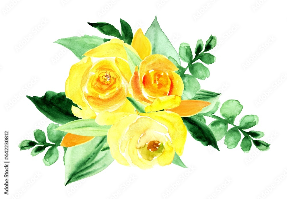Bouquet of yellow roses, watercolor hand drawing illustration, isolated ...