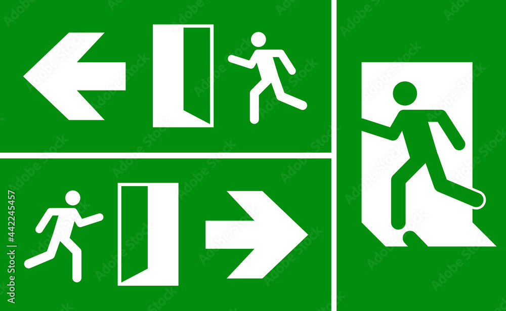 Emergency fire exit sign. Evacuation fire escape door vector sign ...