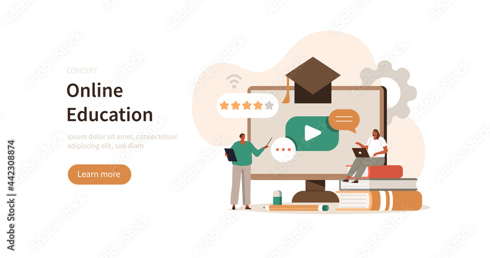 People characters self studying online in internet educational platform ...