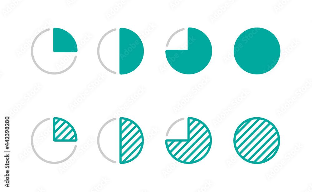 Work progress icons, pie chart divided into four quarters, icon set ...