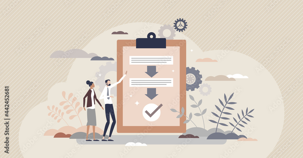 Procedure as work flow process steps scheme document tiny person concept. Strategy and task ...