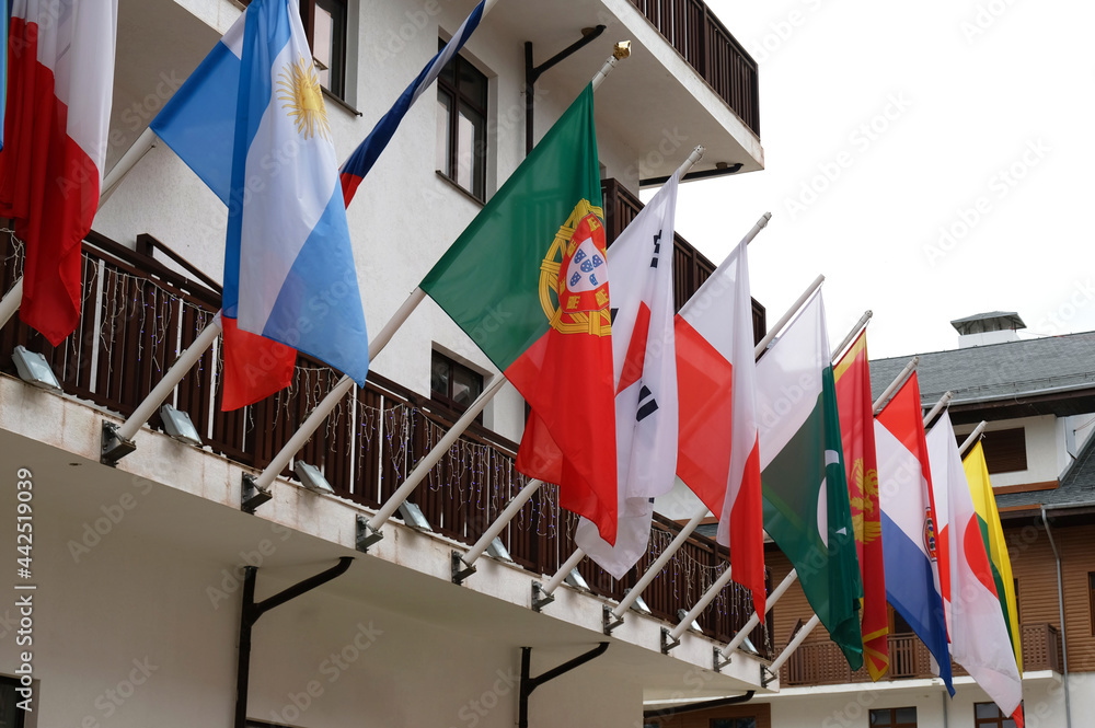 Many national flags of different states hang and blowing on building ...