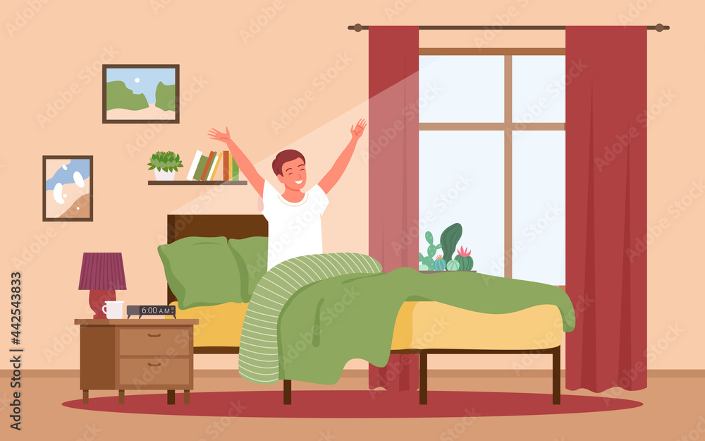 Guy waking up in sunrise early morning after night rest vector ...