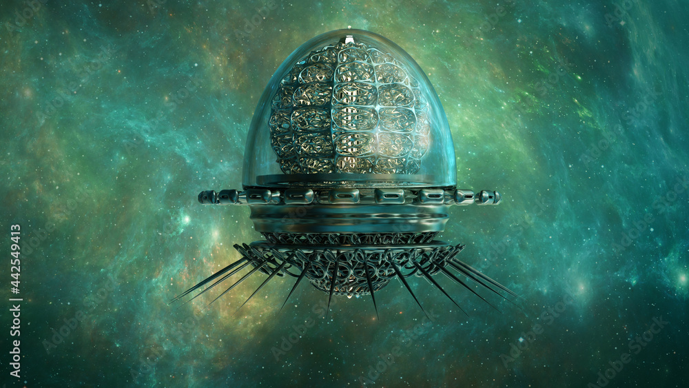 Glowing Futuristic Spacecraft And Nebula Cloud. Cosmic Art, Outer Space ...