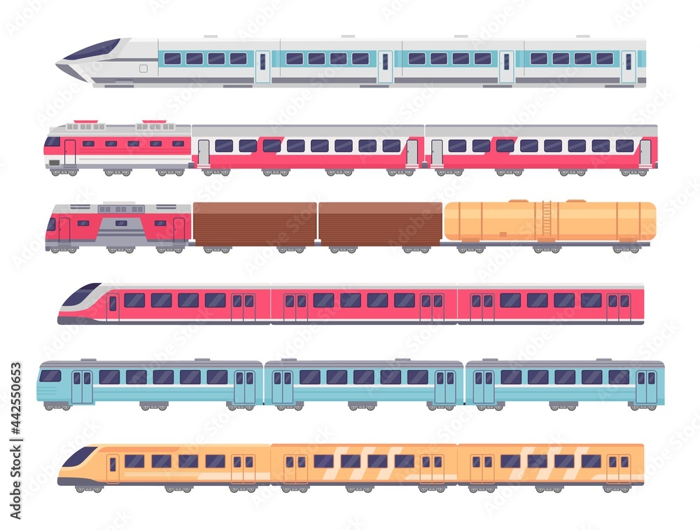 Passenger trains. Cartoon subway, express and cargo train. Underground ...