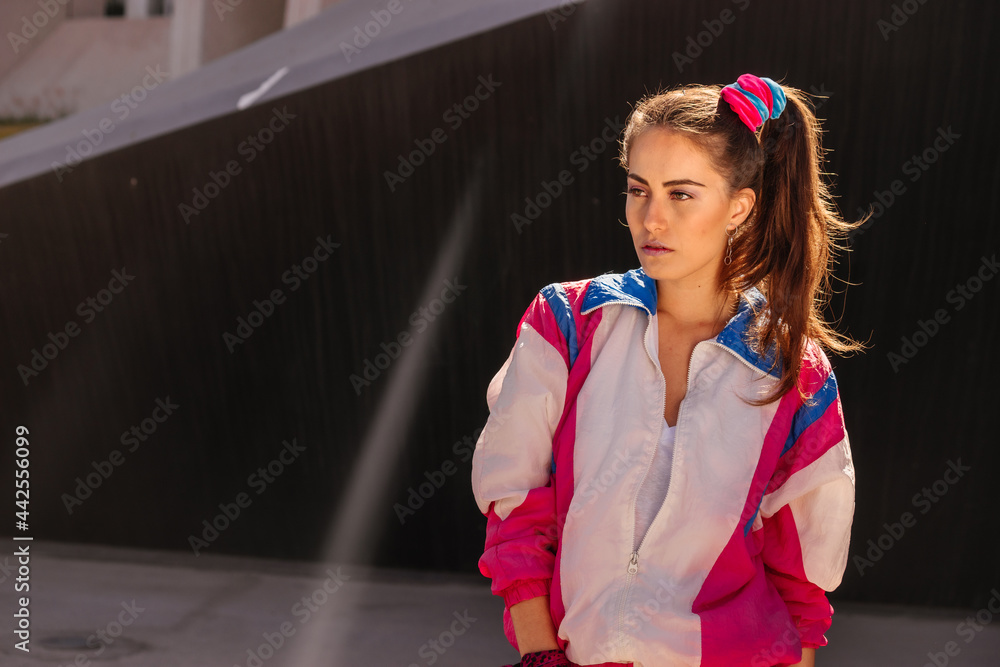 Beautiful active woman in retro outfit outdoors Stock Photo | Adobe Stock