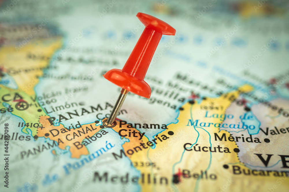 Location Panama city in Panama, red push pin on the travel map, marker ...