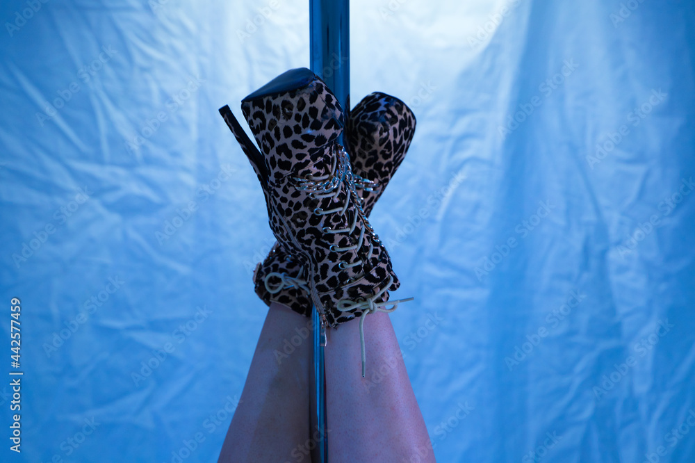 Detail of pole dancer's feet with leopard heels. The feet are entangled ...
