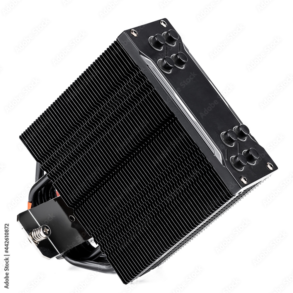 black modern tower cpu cooler isolated on white background. desktop air ...