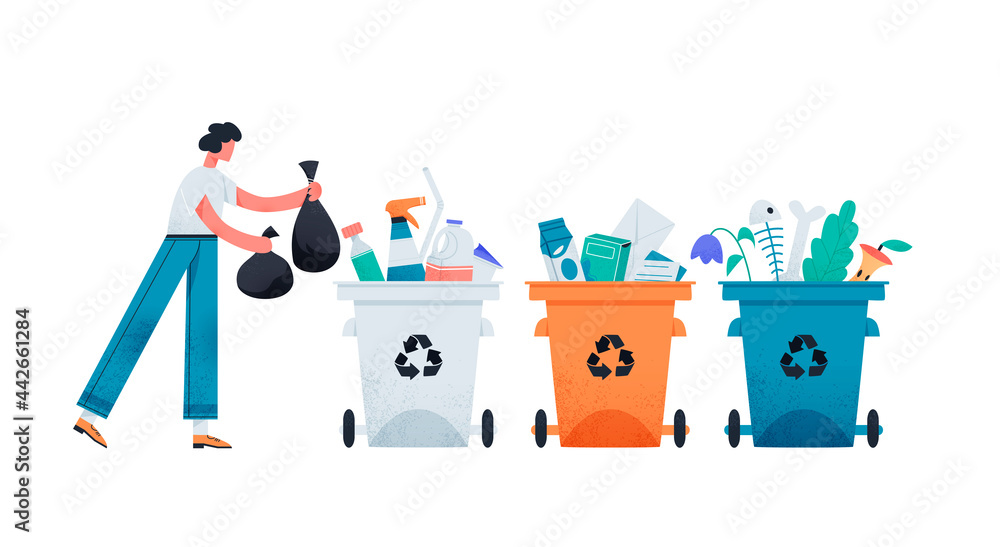 Male character sorting garbage flat cartoon illustration. Waste separation banner design. Reduce ...