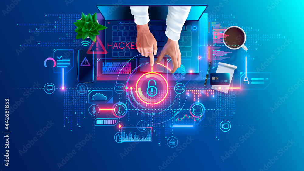Hacked laptop by a hacker. Hacker hacking computer, broke password and attack internet security ...