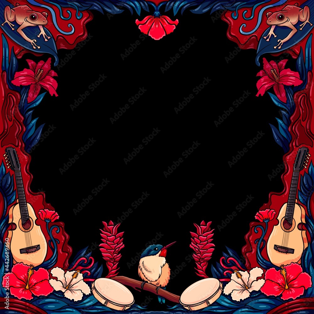 Puerto Rican inspired jungle border with animals and instruments. Stock ...