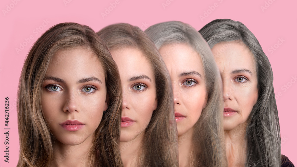 gradual aging of a woman collage before after, comparison of a young ...