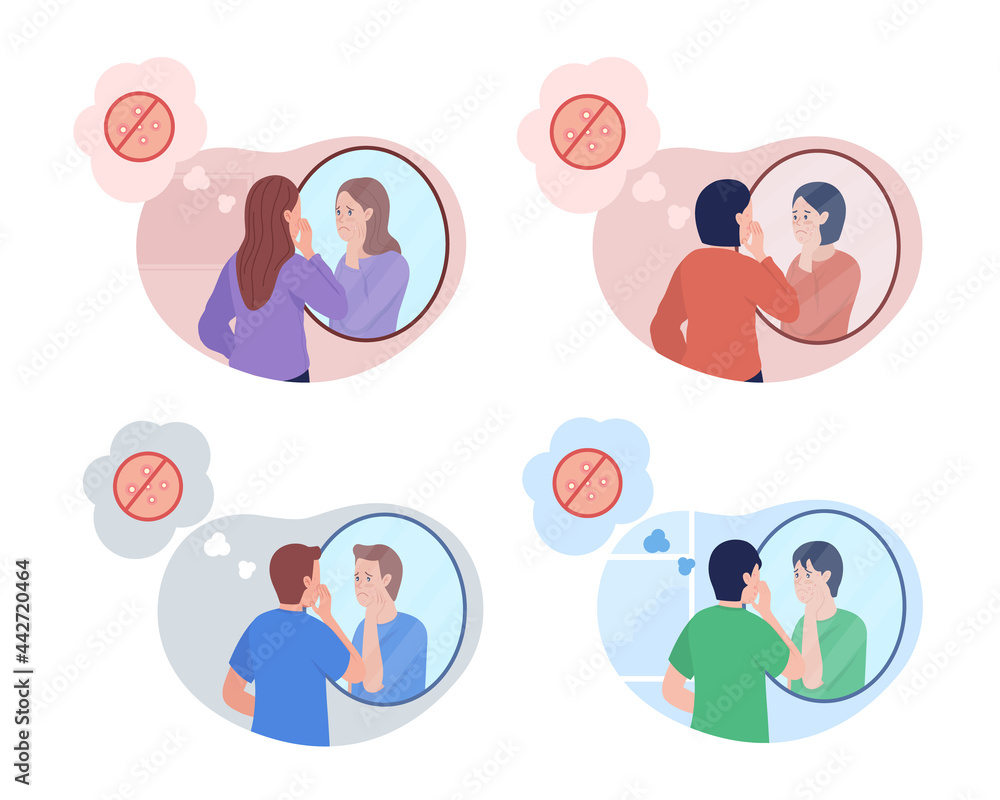Teenager acne problem 2D vector isolated illustration set. Boy and girl ...
