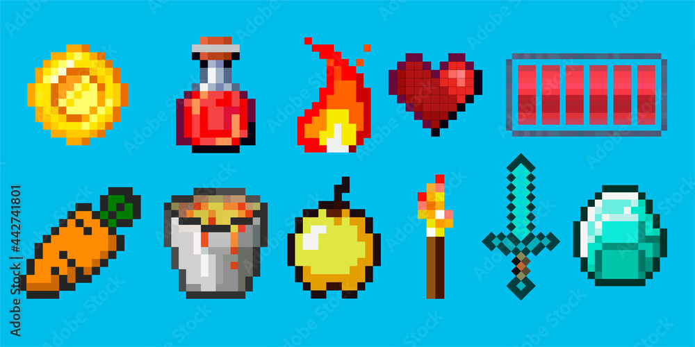 Set of vector pixel objects. Potion bottles, fire flame, sword, torch, emerald and heart ...