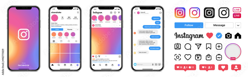 Instagram template app screens on Apple Iphone vector set. Realistic ...
