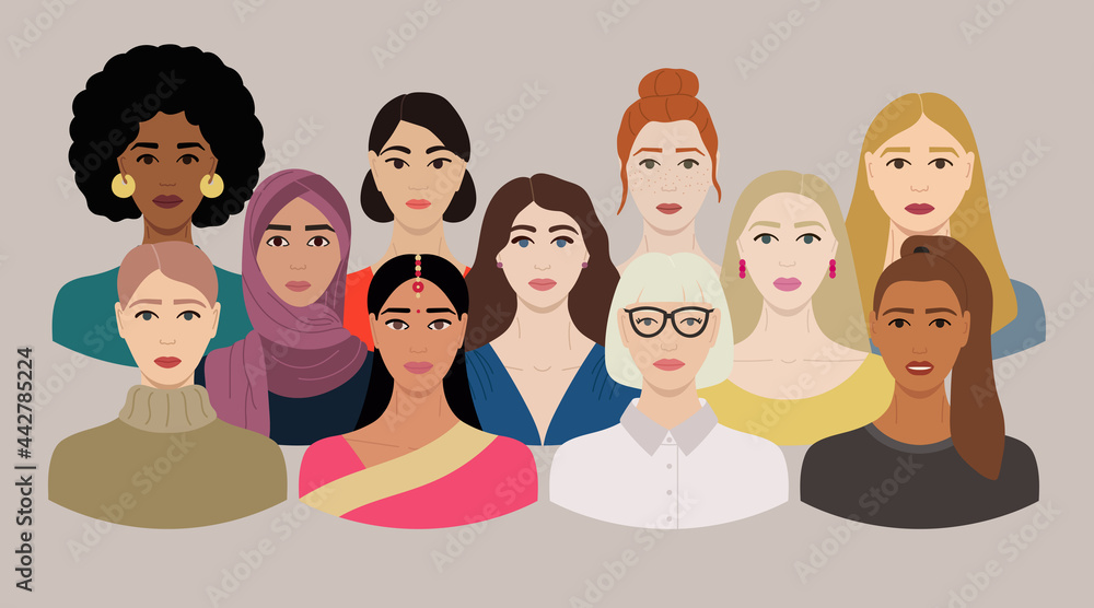 Set of diverse female faces with different ethnics, skin colors ...