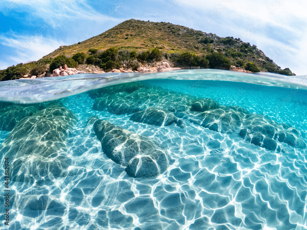 Amazing blue and transparent sea water in half underwater effect ...